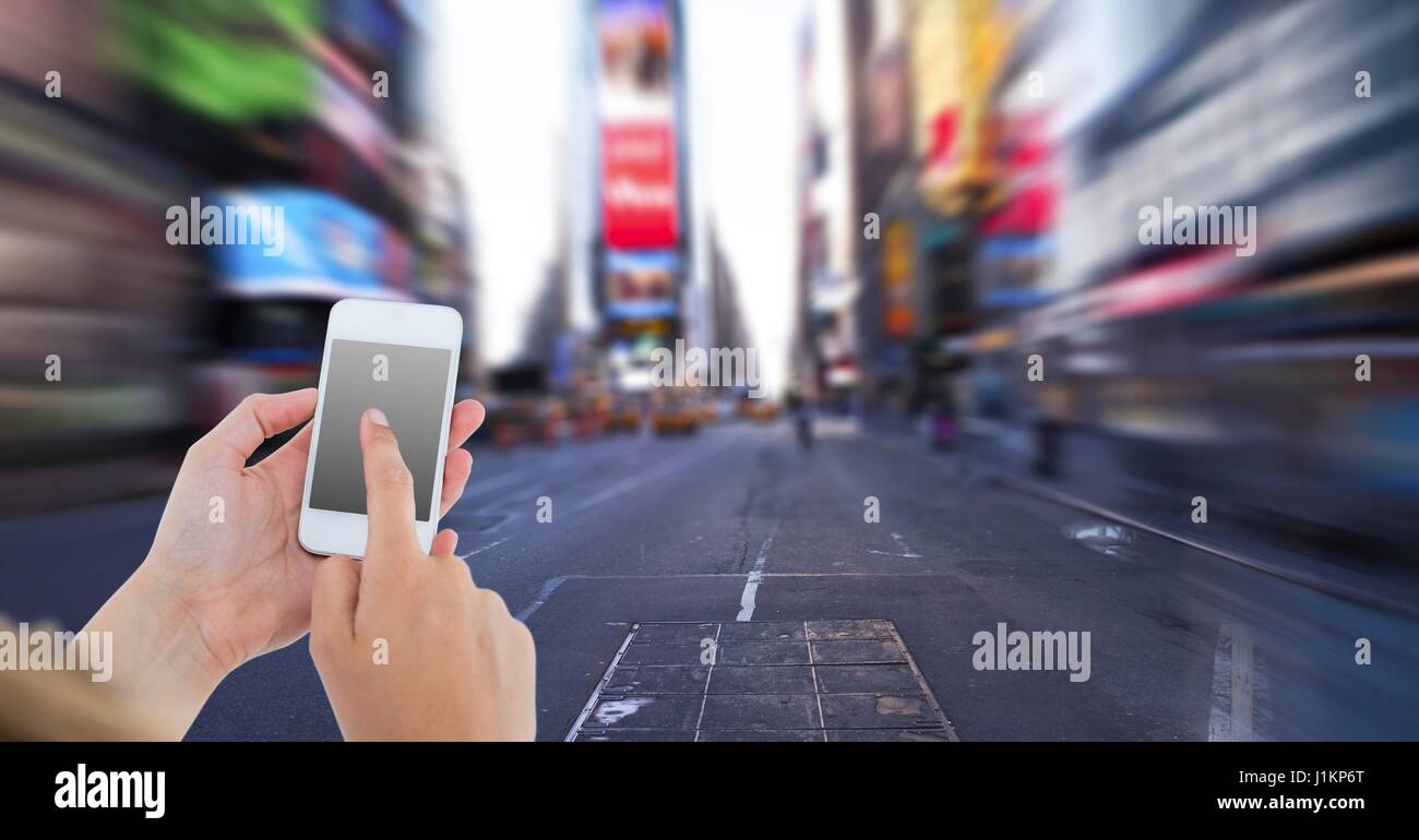 Digital composite of Cropped image of hands using smart phone with ...