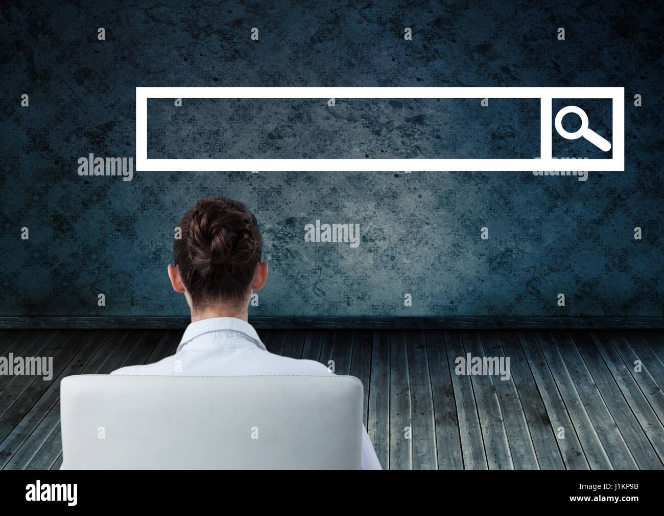 Digital composite of Woman seated looking at Search Bar with room ...