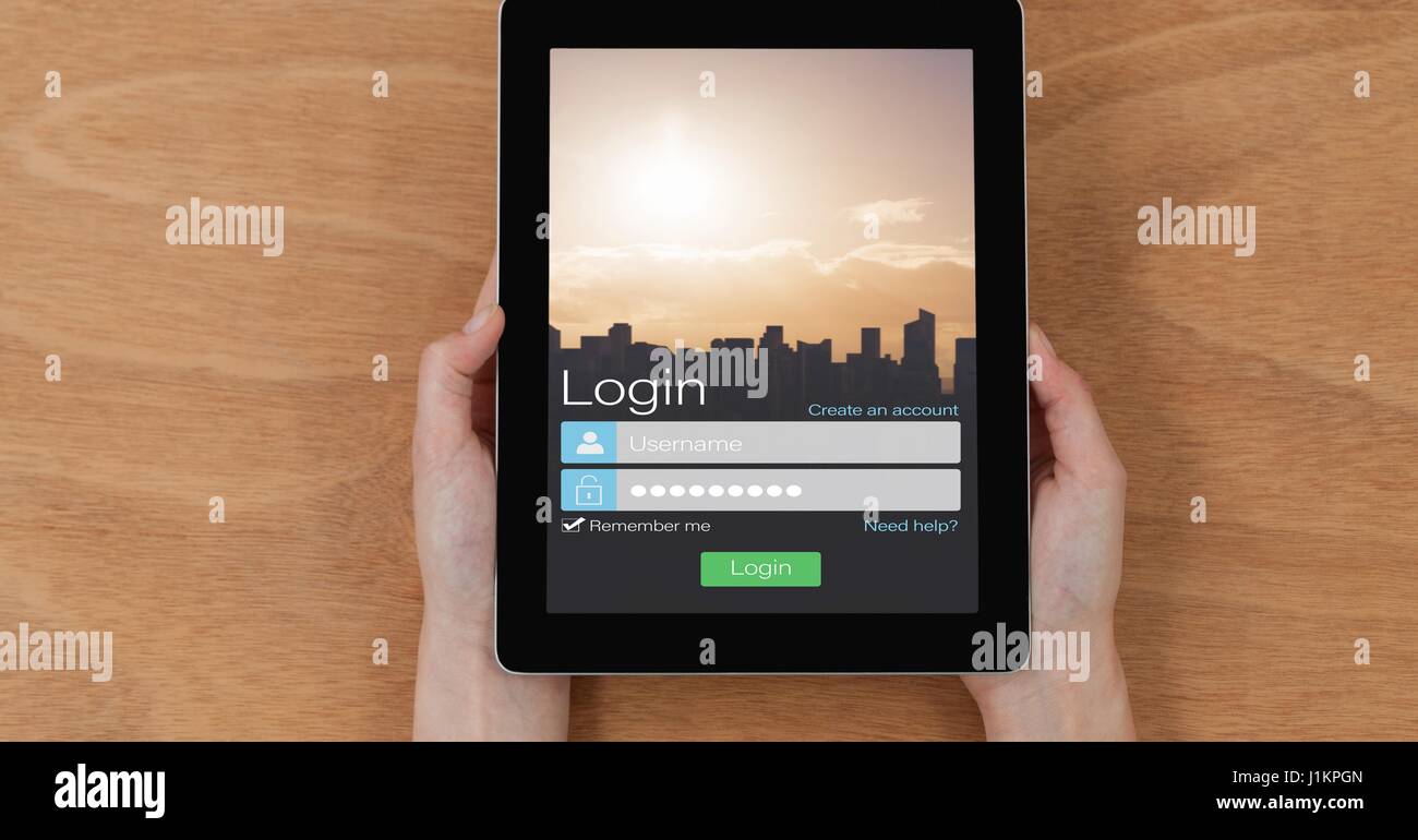 Digital composite of Hands holding digital tablet with log in page ...