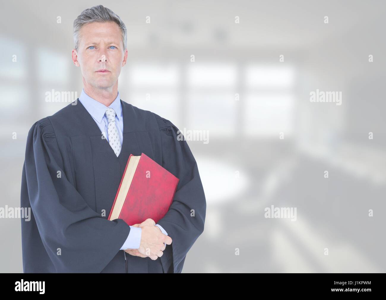 Digital composite of Judge holding book in front of white office Stock ...