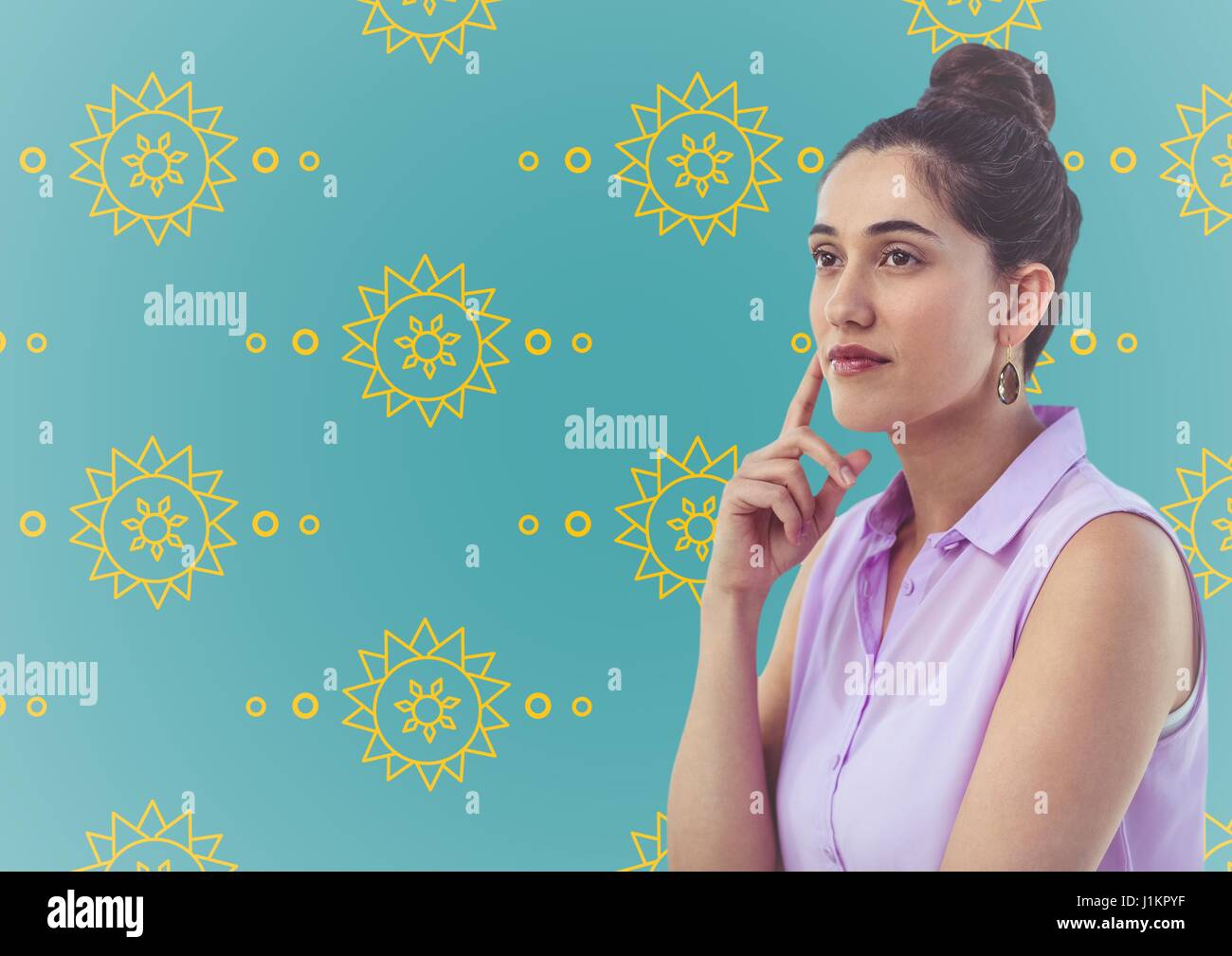 Digital composite of Woman thinking against yellow sun pattern and blue ...