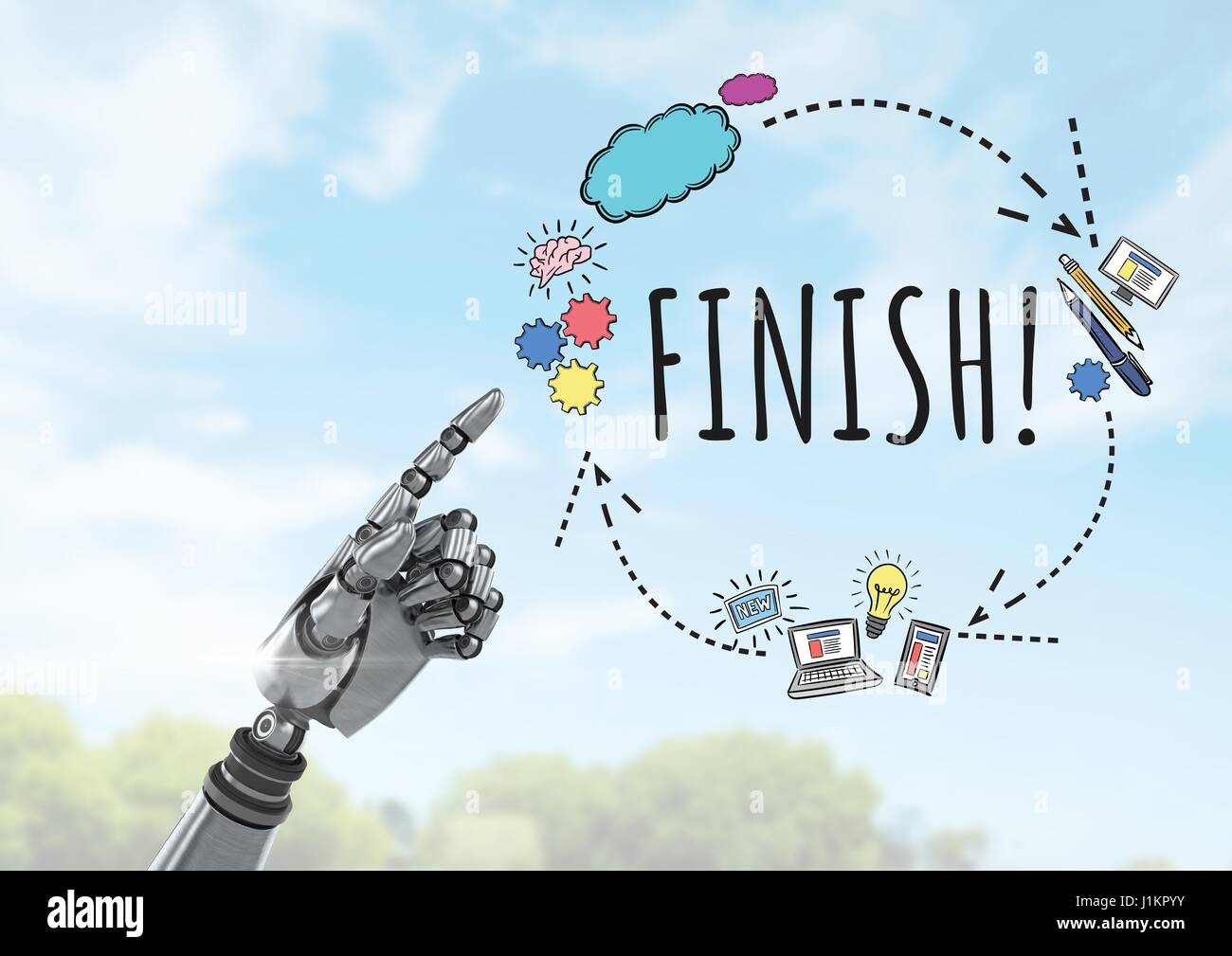 Digital composite of Android hand pointing and Finish text with ...