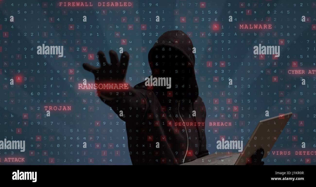 Digital composite of Hacker holding laptop while touching text on ...