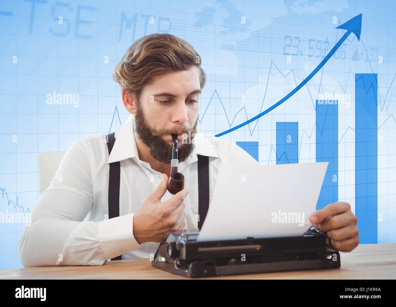 Digital composite of Man with typewriter against blue graph Stock Photo ...