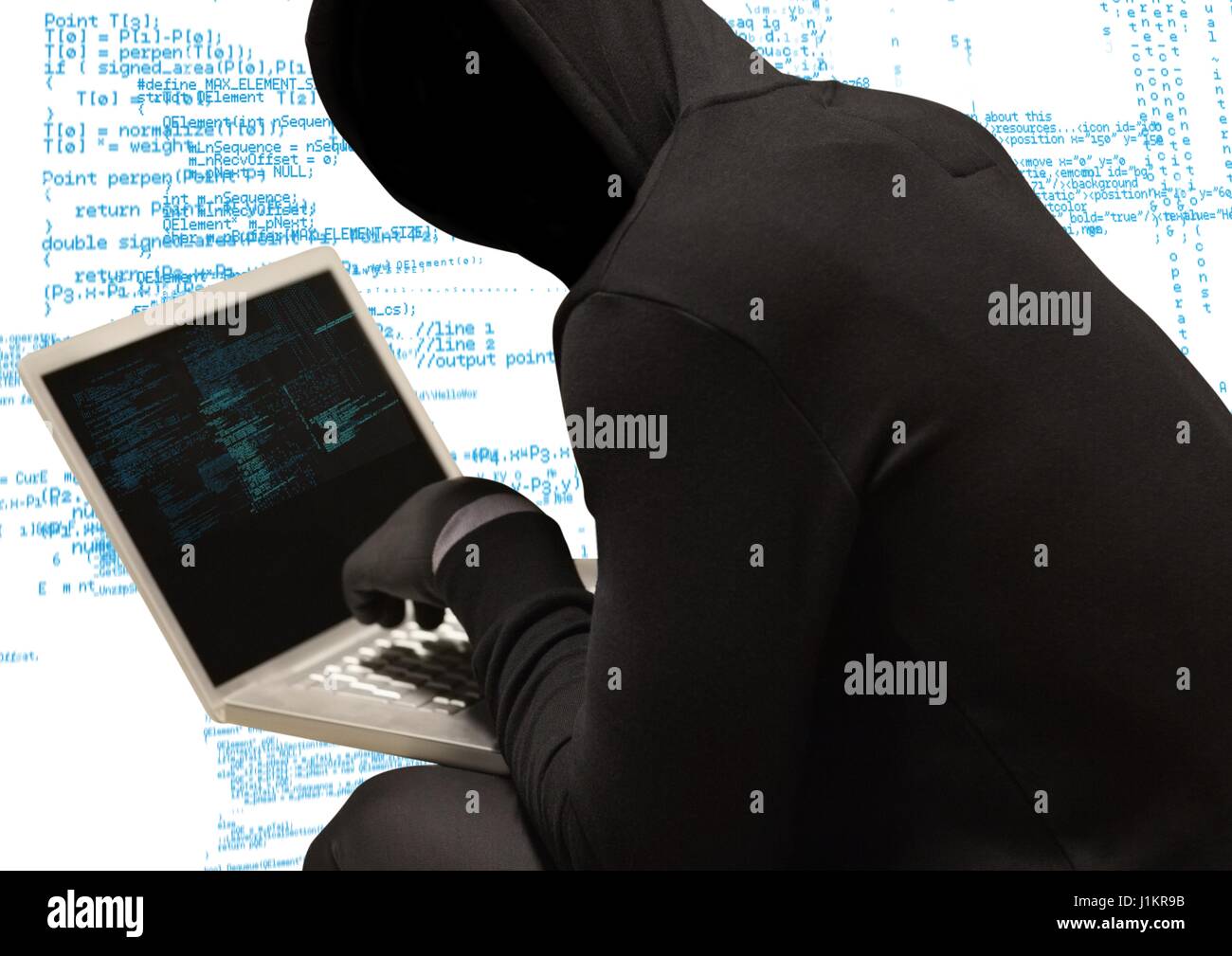 Digital composite of Black jumper hacker with out face with computer ...