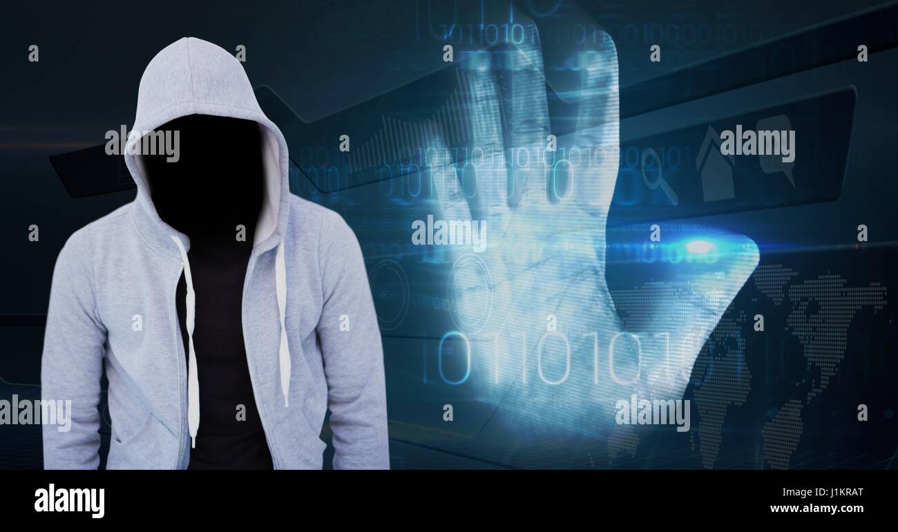 Digital composite of Grey jumper hacker, hand scan Stock Photo - Alamy