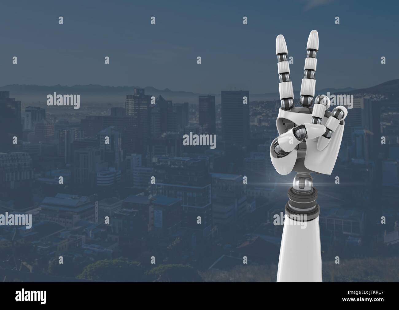 Digital composite of Android Robot hand peace gesture with blue city ...