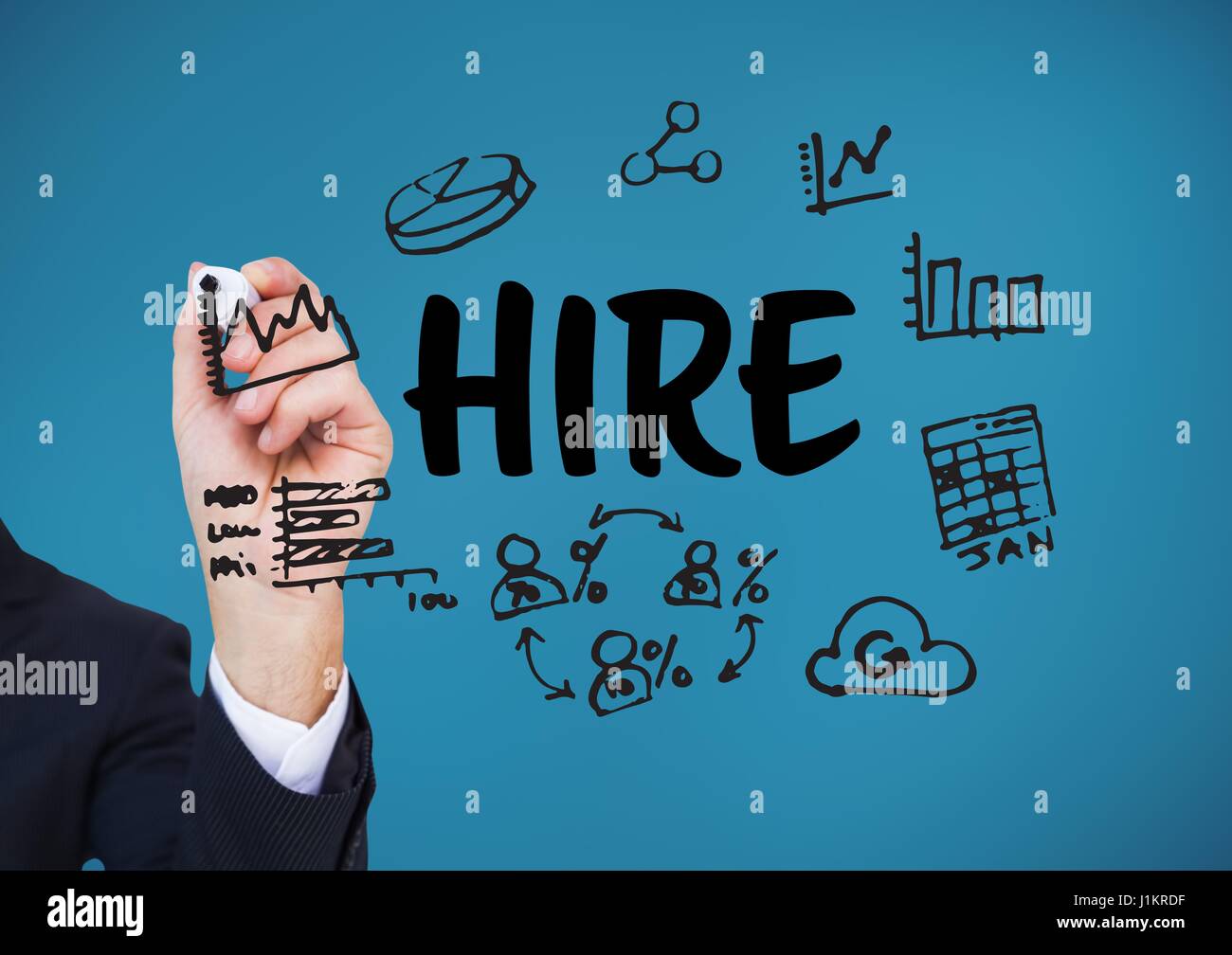 Digital composite of Hand drawing hire graphic. Blue background Stock ...