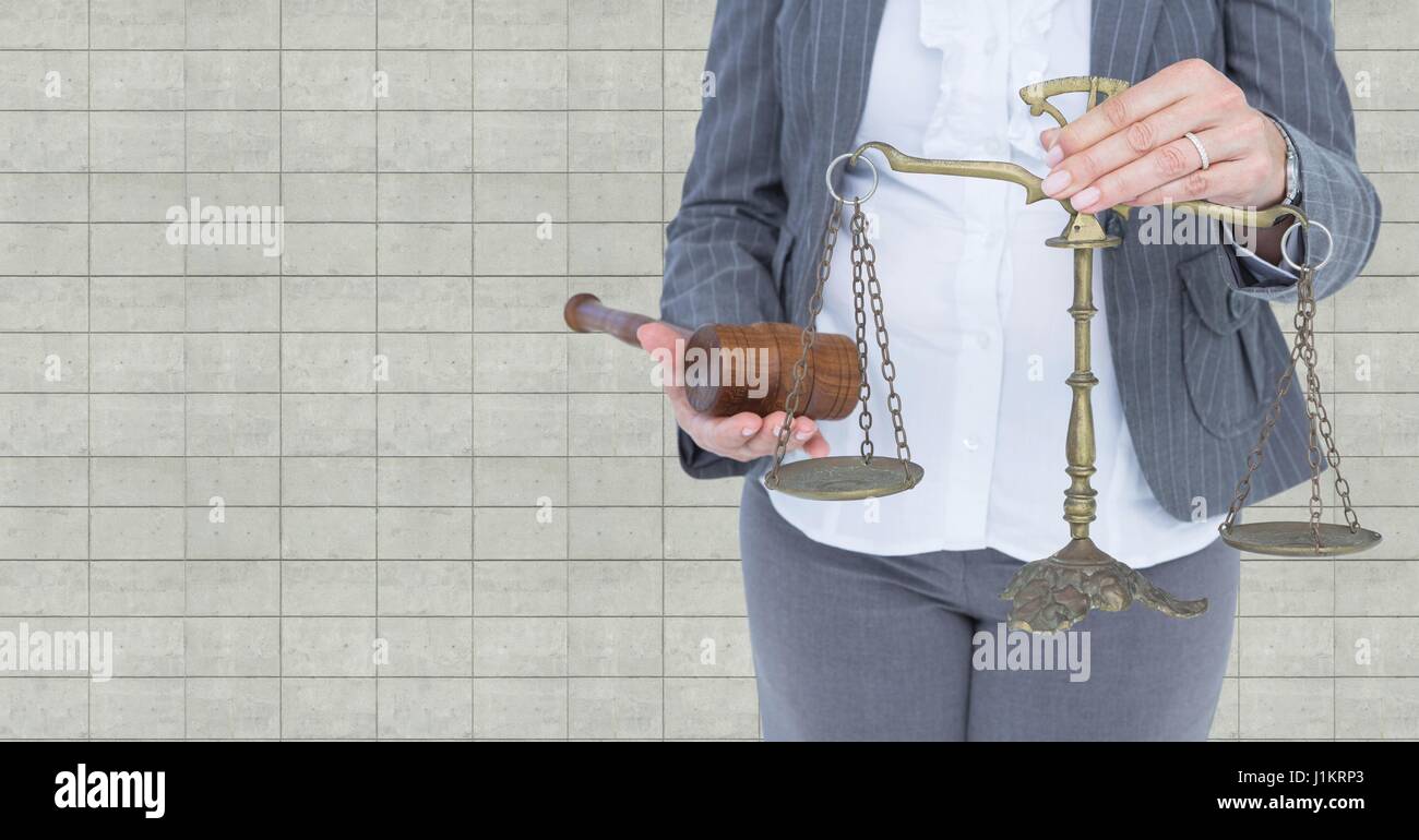 Digital composite of Judge with balance scale and hammer in front of ...