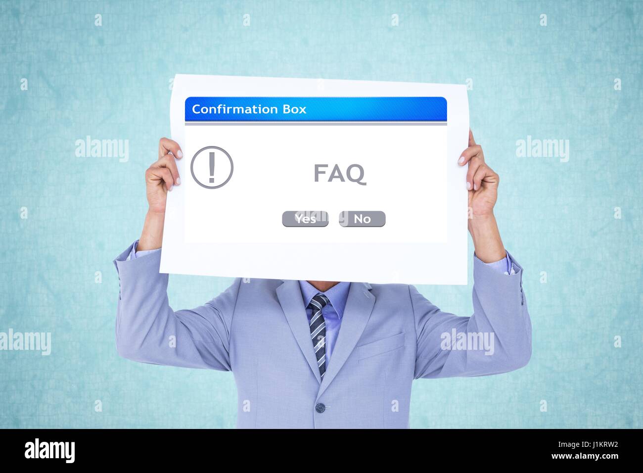 Digital composite of Businessman holding poster with FAQ pop up box ...
