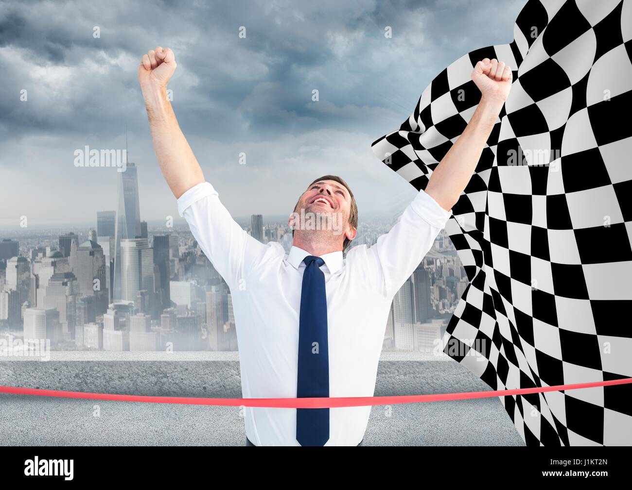 Digital composite of Business man at finish line against skyline and ...