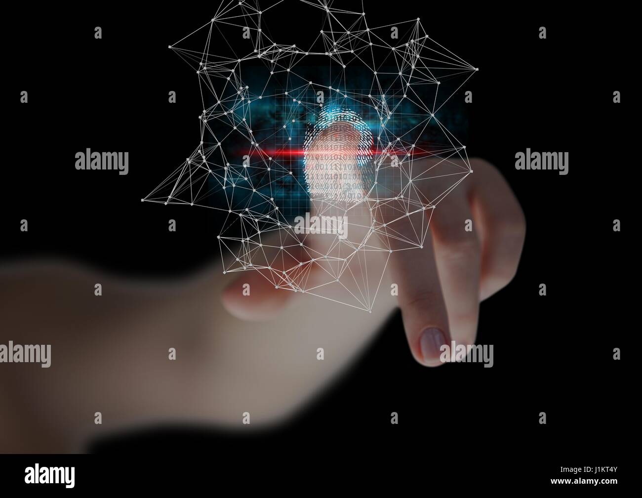 Digital composite of fingerprint scan , blue and red flares Stock Photo ...