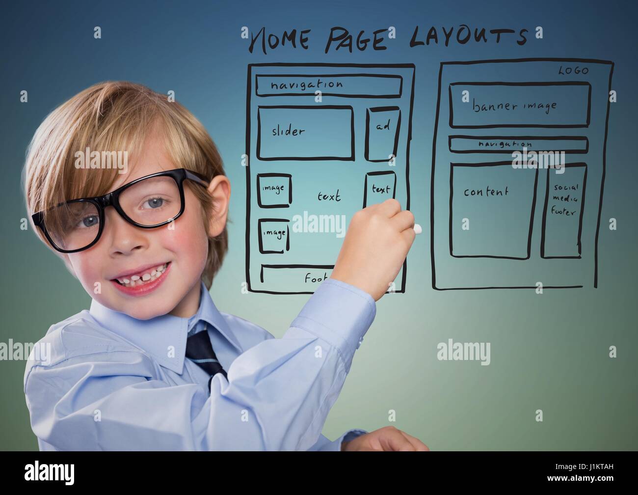 Digital composite of Kid with chalk and website mock up against blue ...