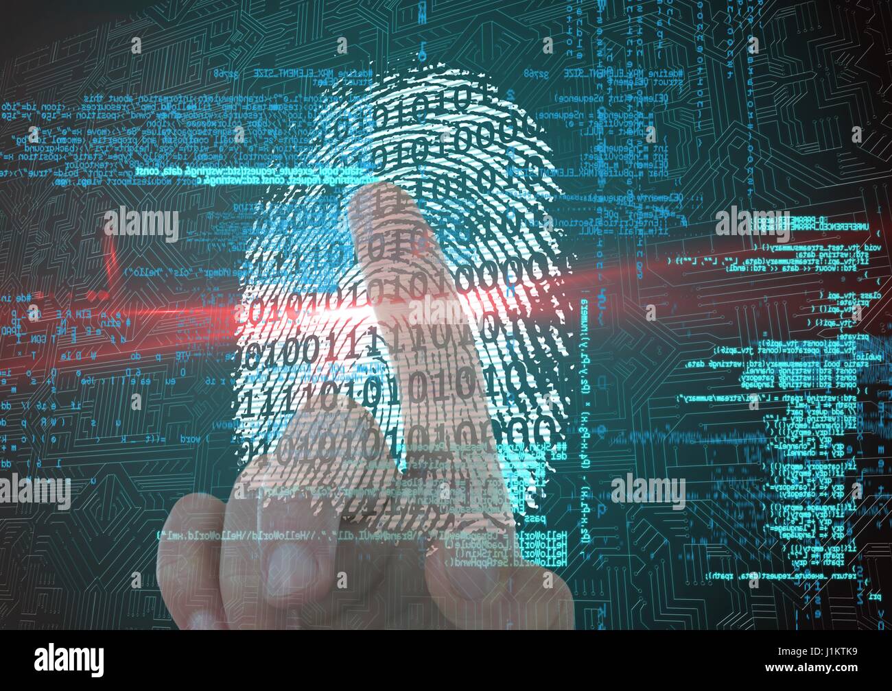 Digital composite of fingerprint scan with binary code and red flare. finger on back Stock Photo ...
