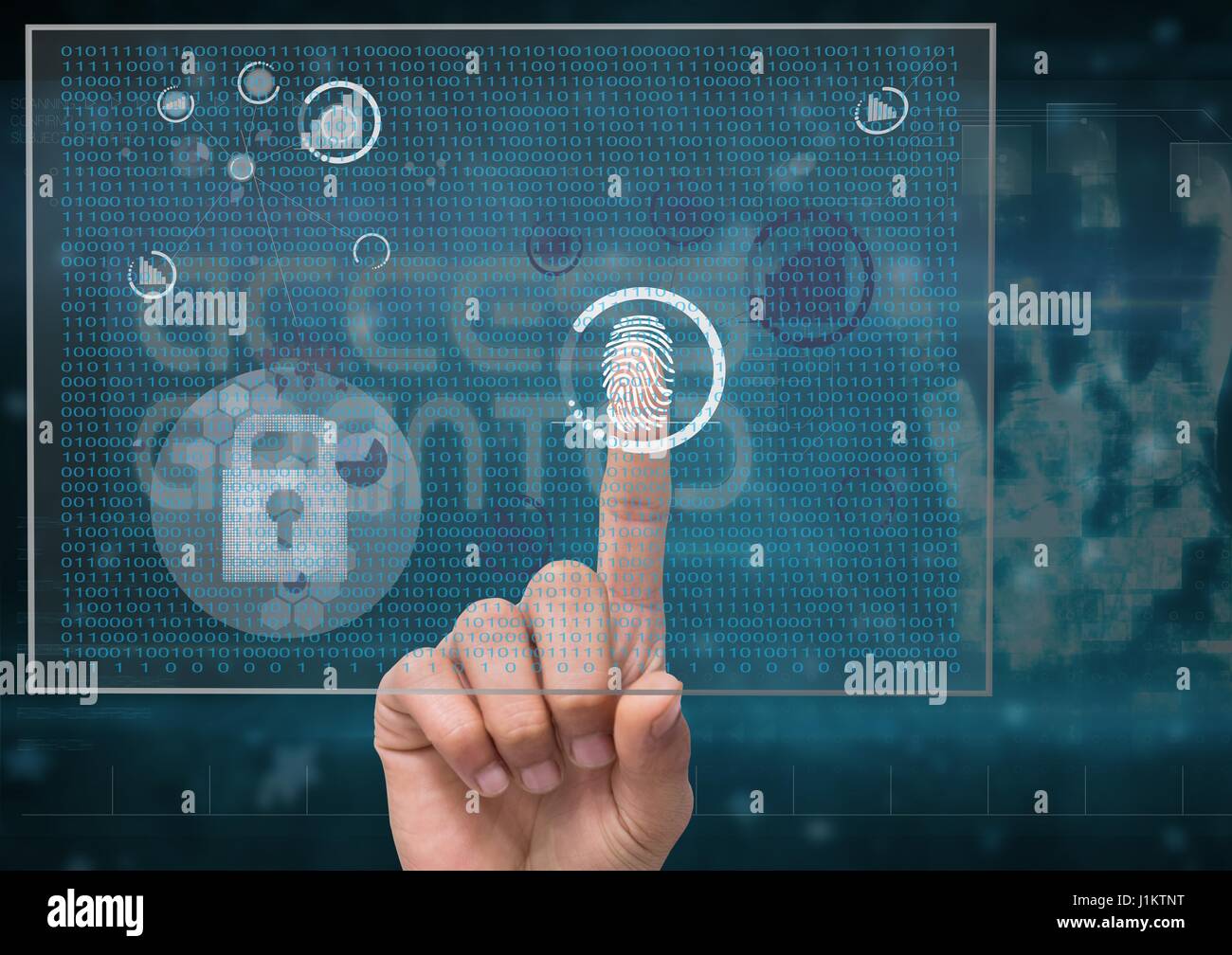 Digital composite of fingerprint scan in a futuristic screen, only ...
