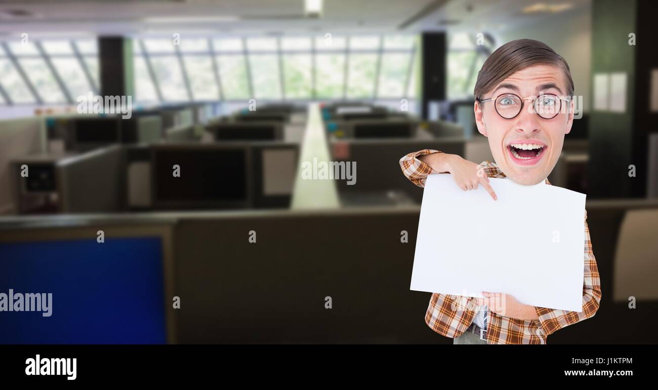 Digital composite of Happy nerd pointing at blank placard in office ...