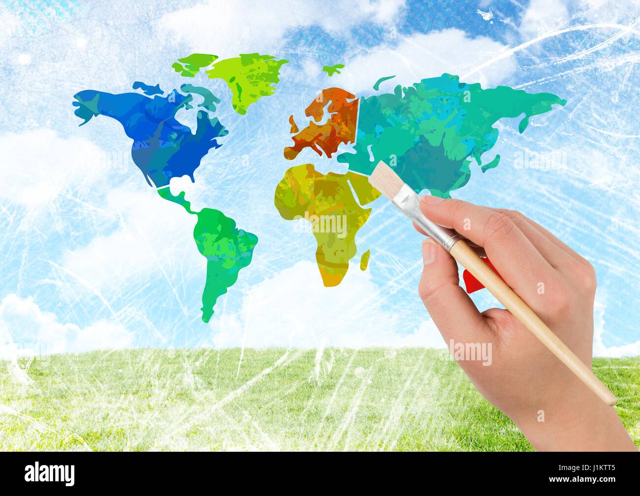 Digital composite of Hand painting Colorful Map with bright sky ...