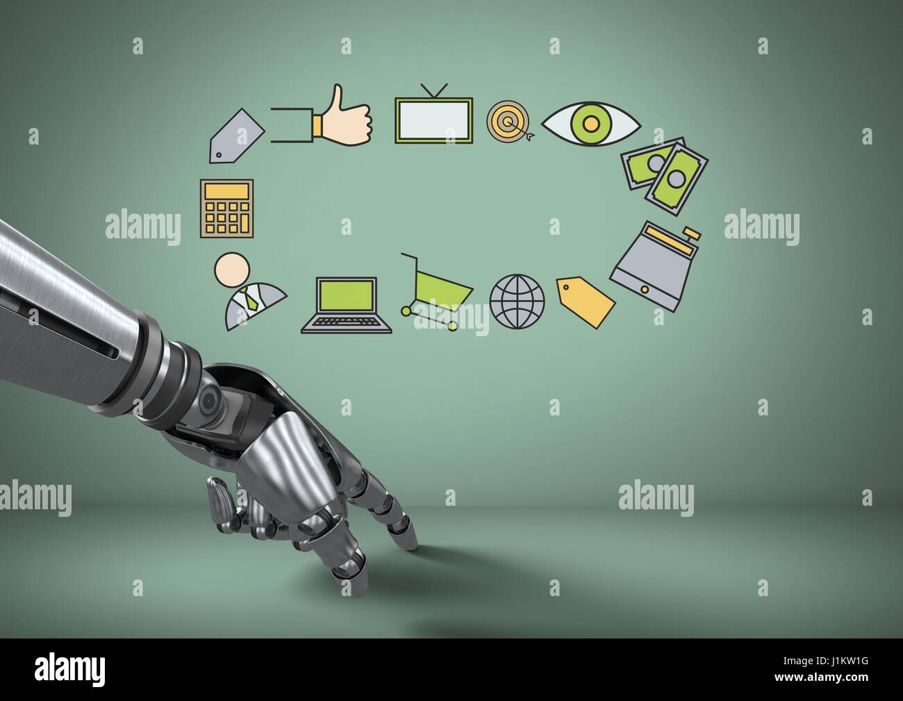 Digital composite of Android hand pointing with online shopping icons ...