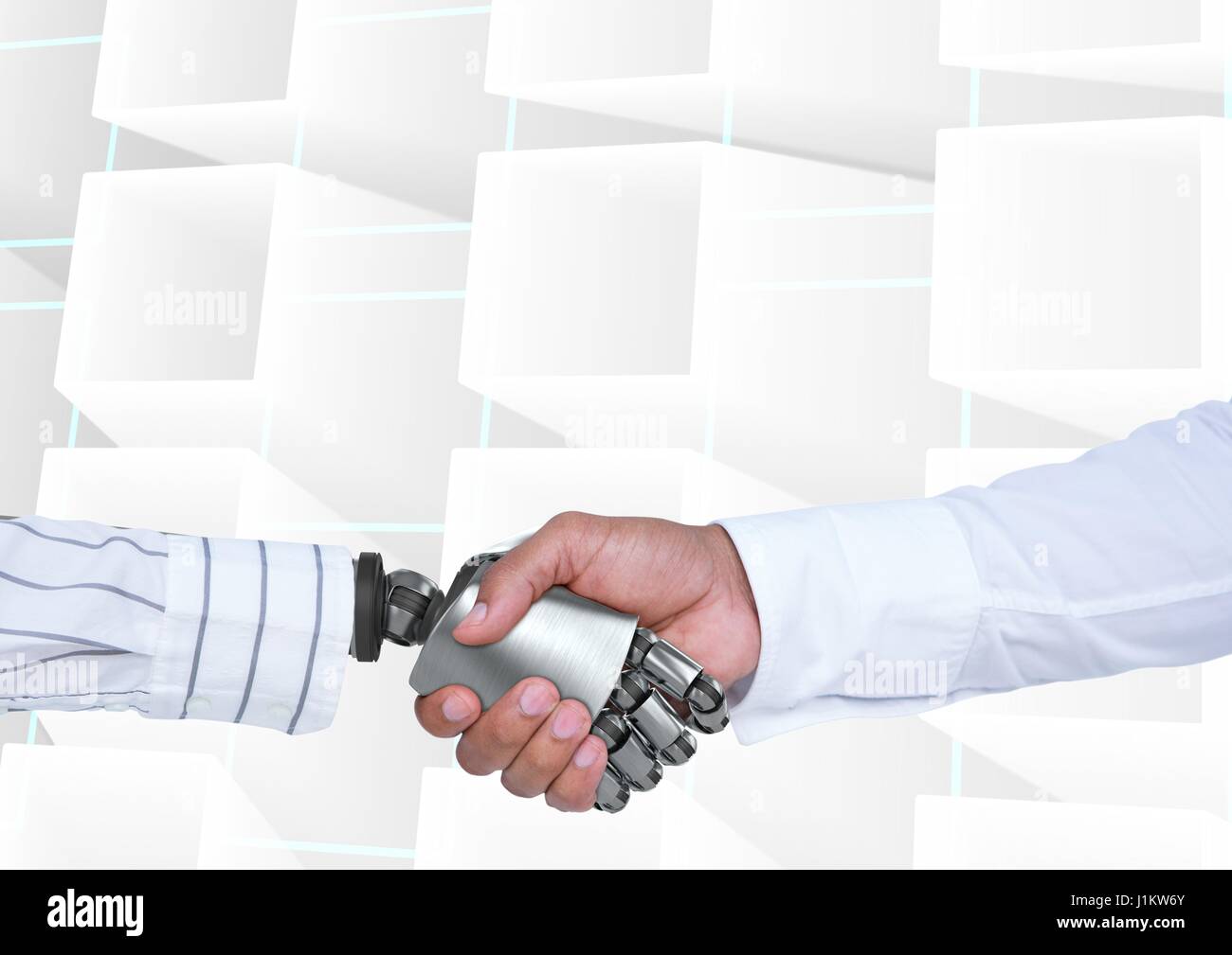 Digital composite of Android Robot hand shaking man hand with bright background Stock Photo - Alamy