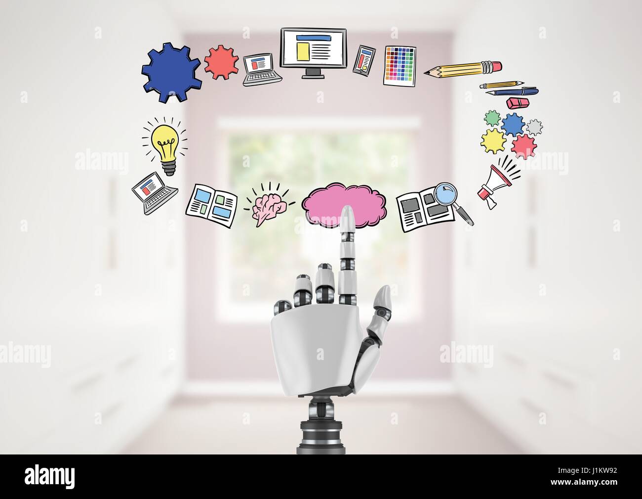 Digital composite of Android hand pointing with drawings graphics Stock ...