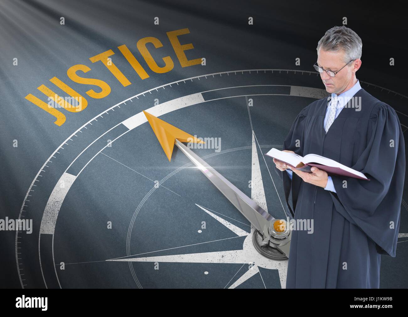 Digital composite of Judge holding book in front of justice text and ...