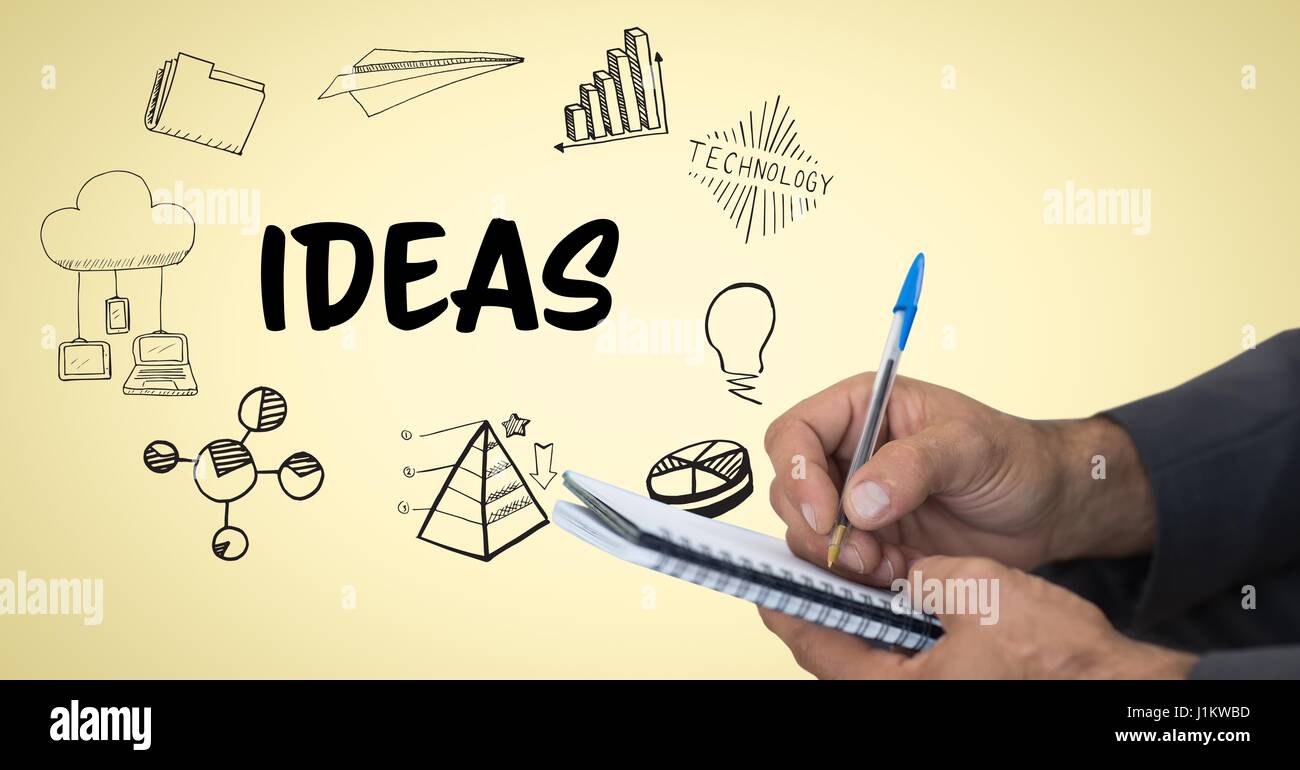 Digital composite of Hands with notebook against idea doodles and ...