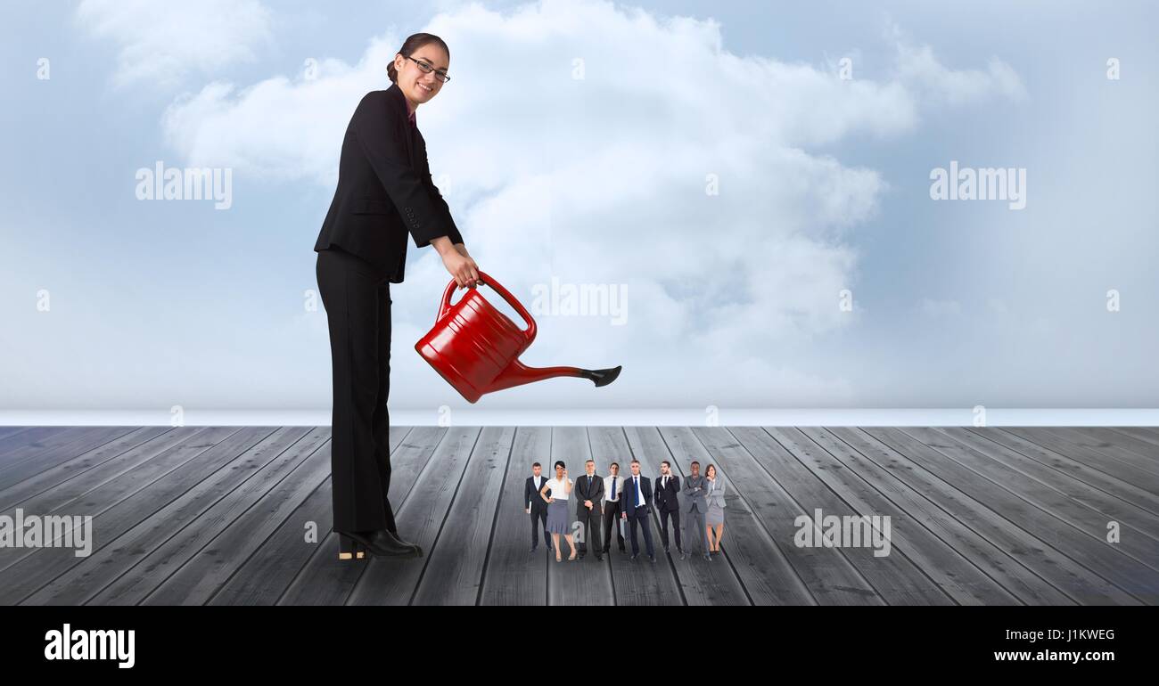 Digital composite of Smiling businesswoman watering employees on pier ...