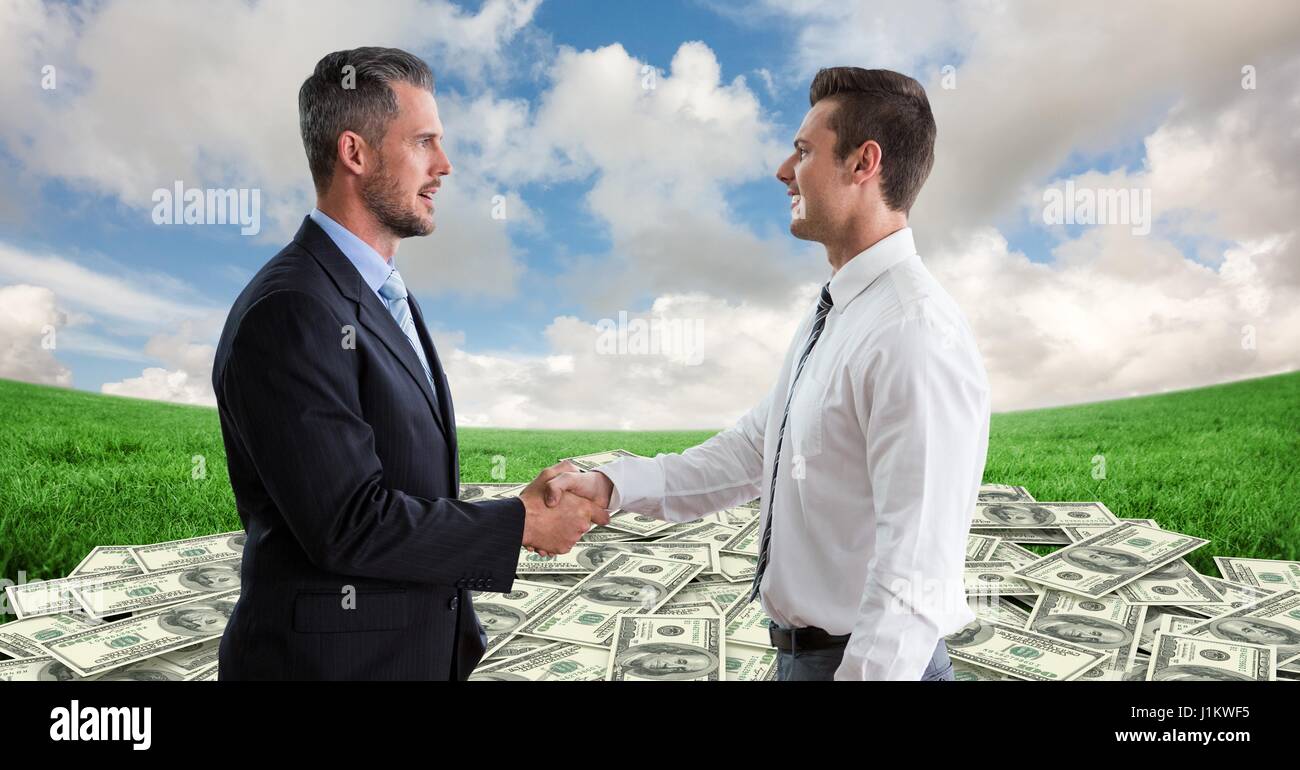 Digital composite of Side view of businessmen shaking hands with money ...