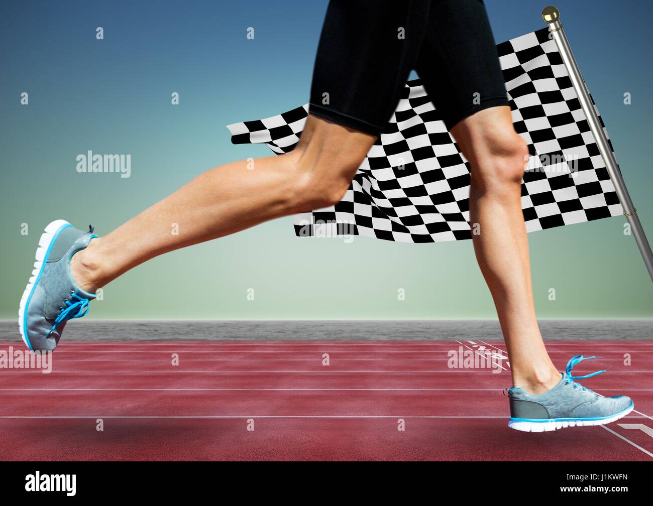 Digital composite of Runner legs on track against blue green background ...