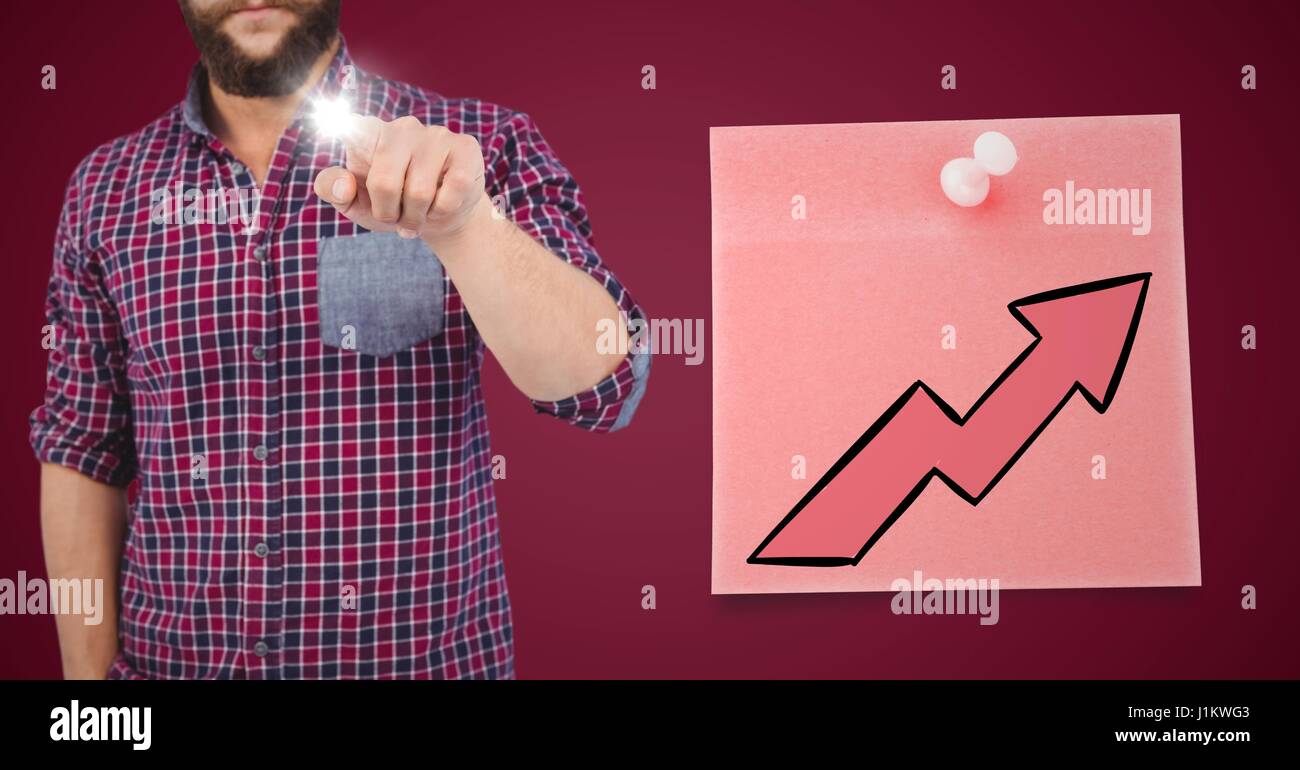 Digital composite of Man pointing with flare against maroon background ...