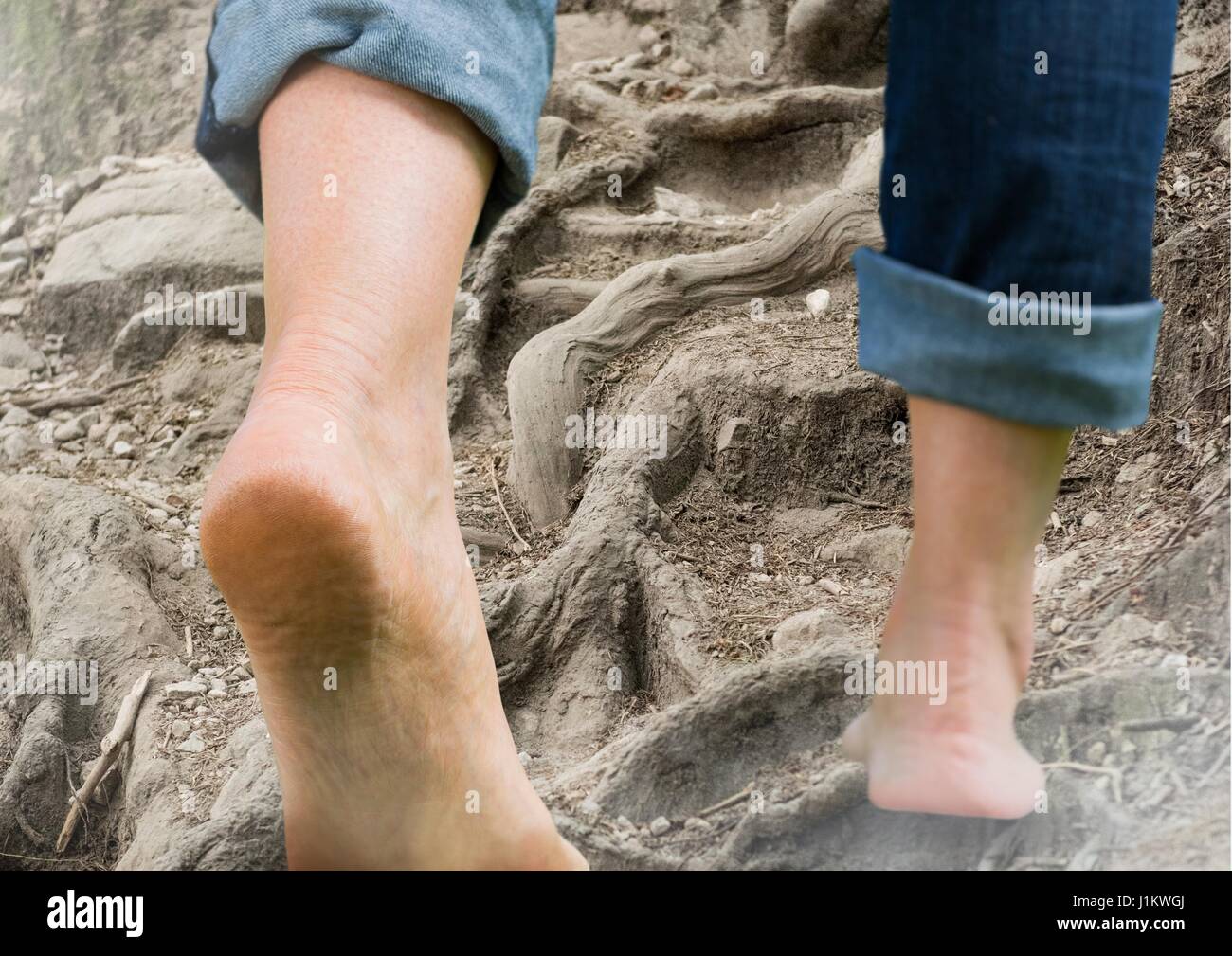Digital composite of Bare feet walking climbing rough tree roots ...