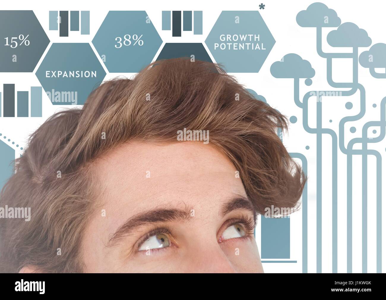 Digital composite of Top of man's head against blue graphs Stock Photo ...