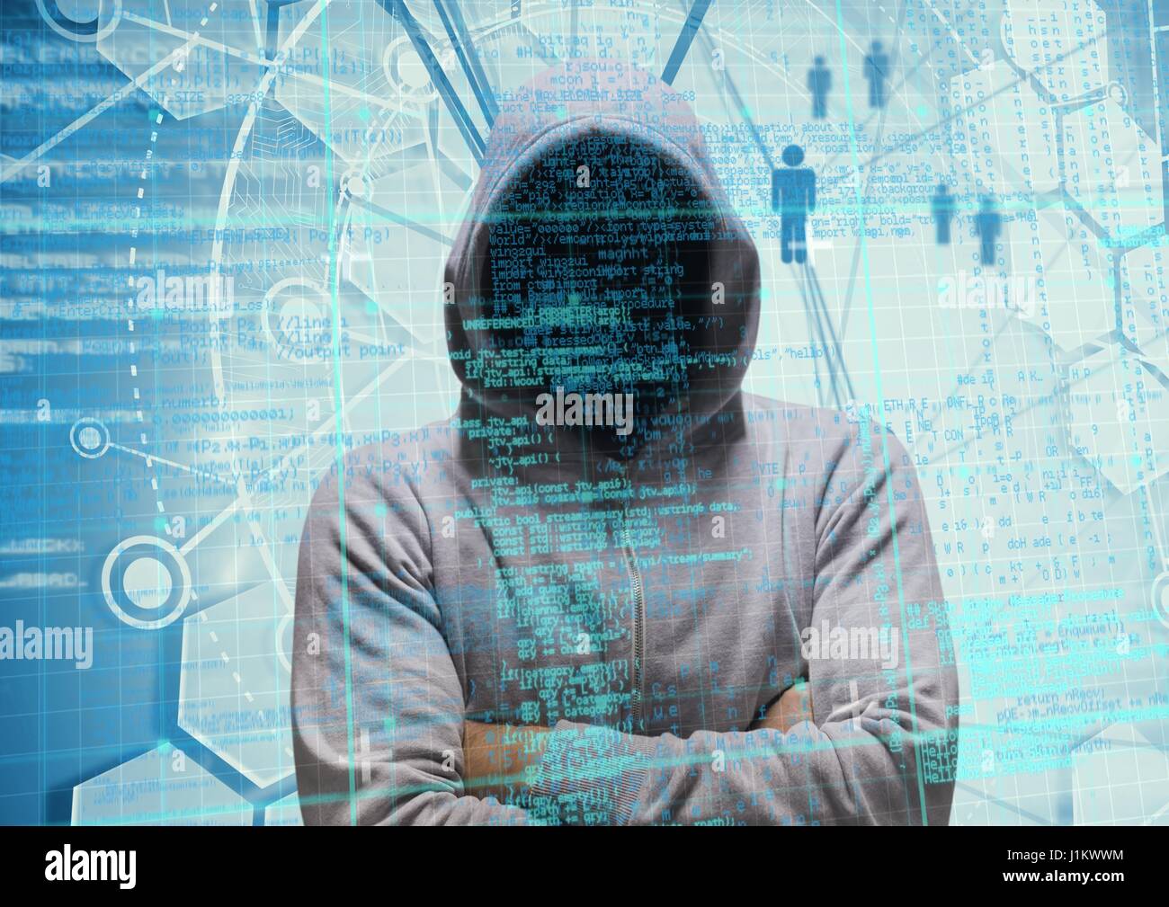 Digital composite grey jumper hacker his hands folded light blue hi-res ...