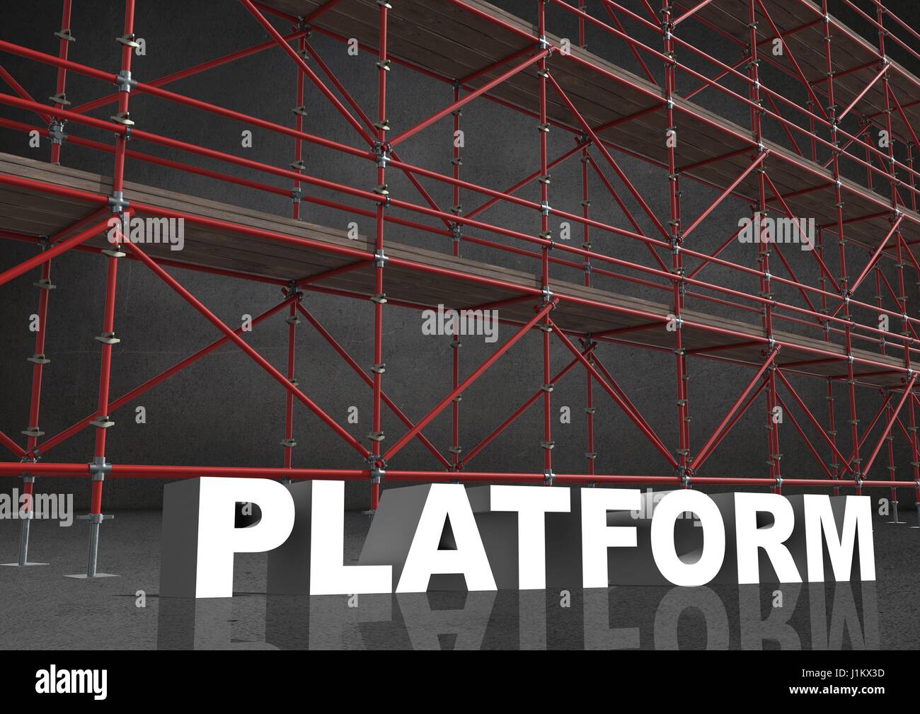 Digital composite of 3D word platform in front of scaffolding in grey ...