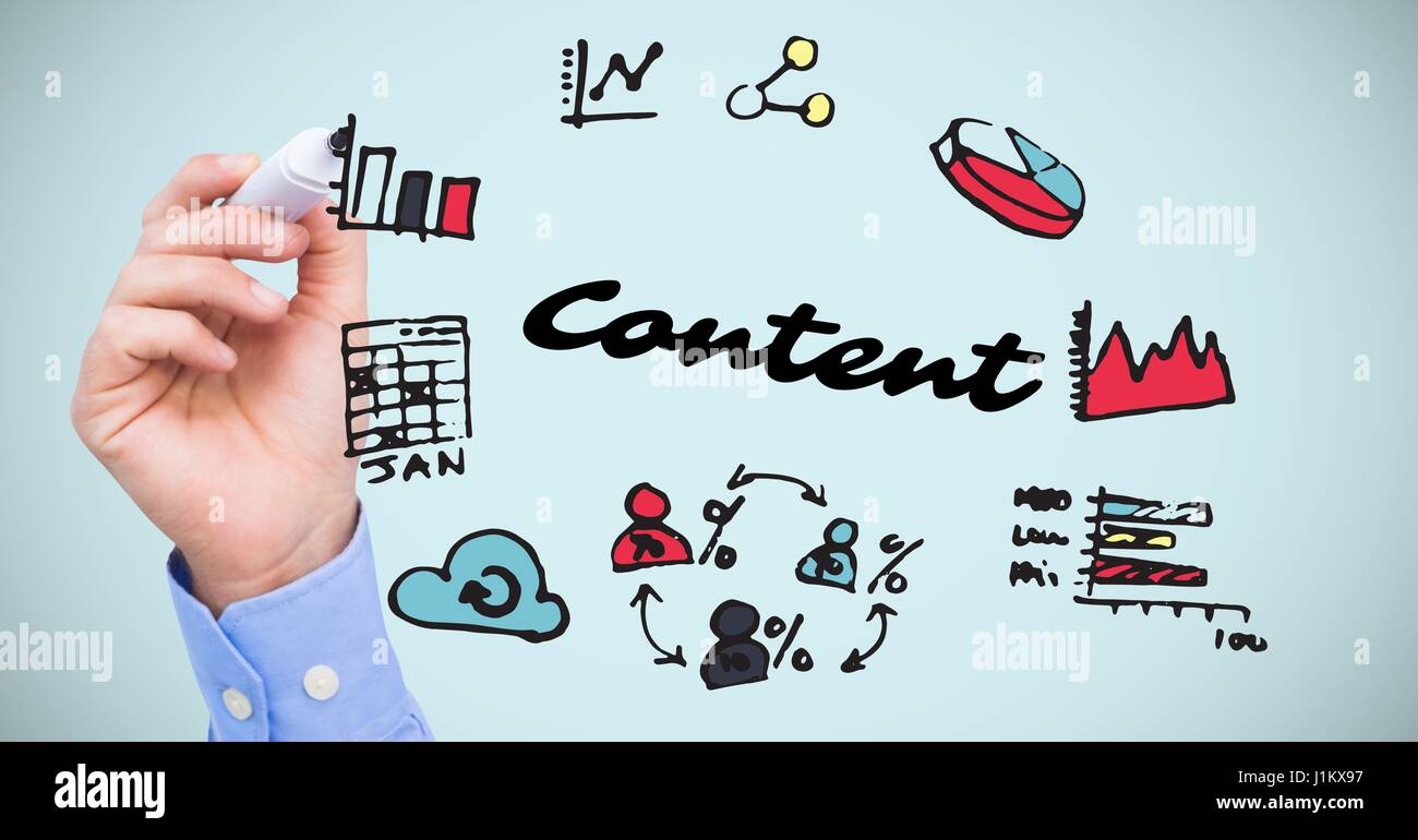 Digital composite of Hand with marker behind content doodles against ...