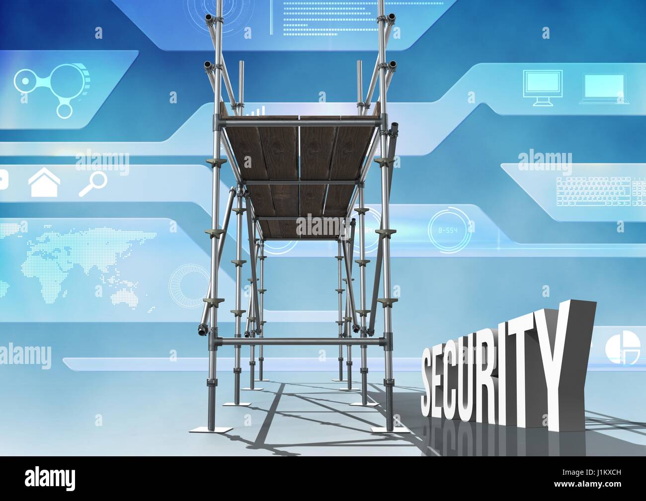 Digital composite of Security Text with 3D Scaffolding and technology ...