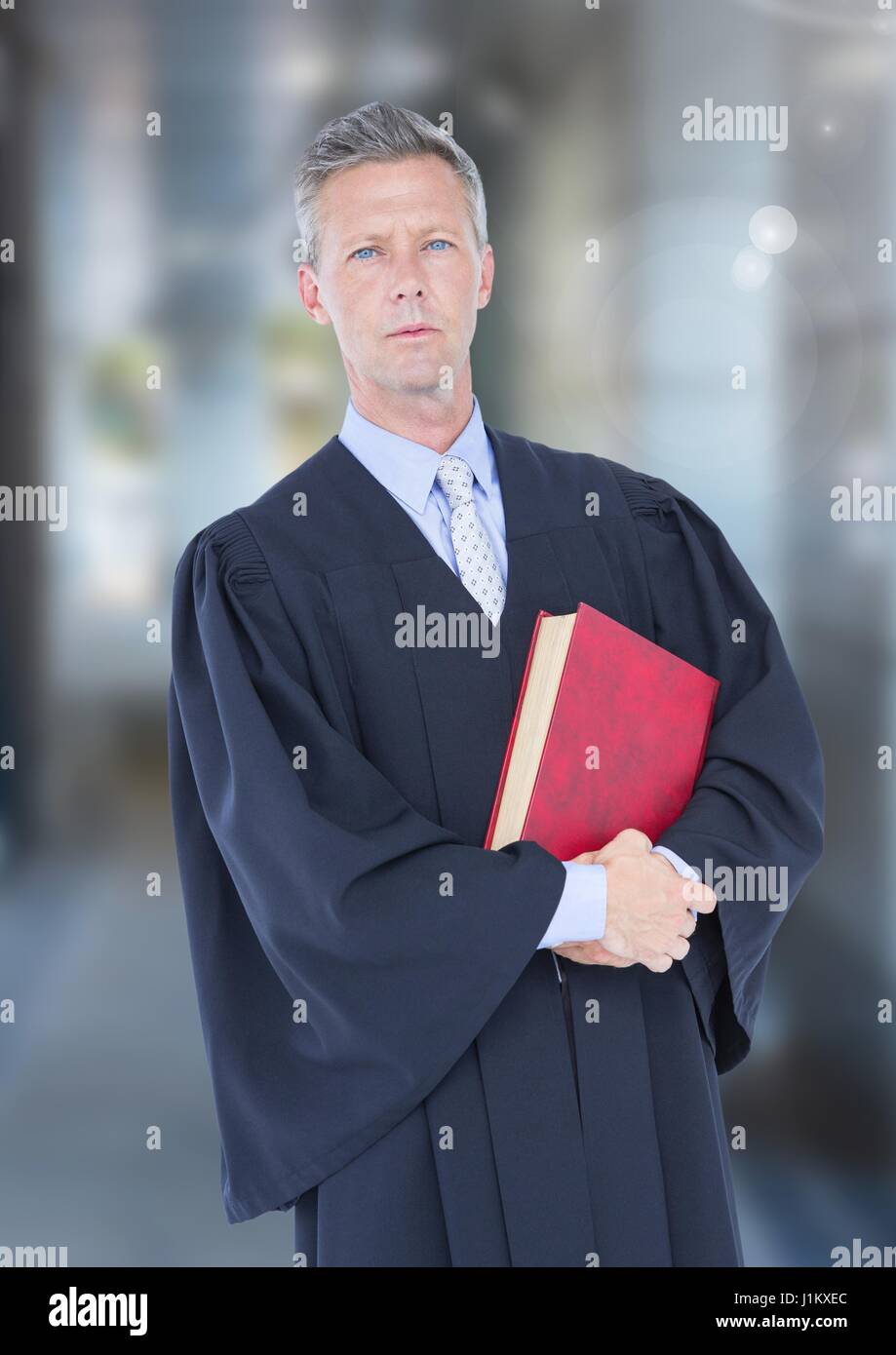 Digital composite of Judge holding book in front of street Stock Photo ...