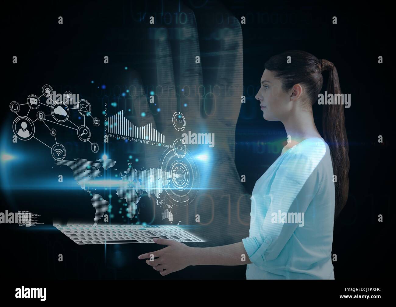 Digital composite of Woman with futuristic computer. hand scan Stock ...