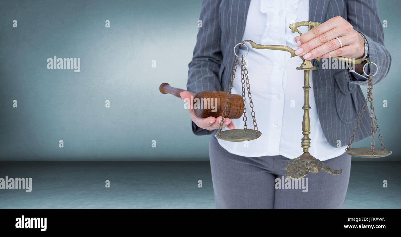 Digital composite of Judge with balance scale and hammer in front of ...