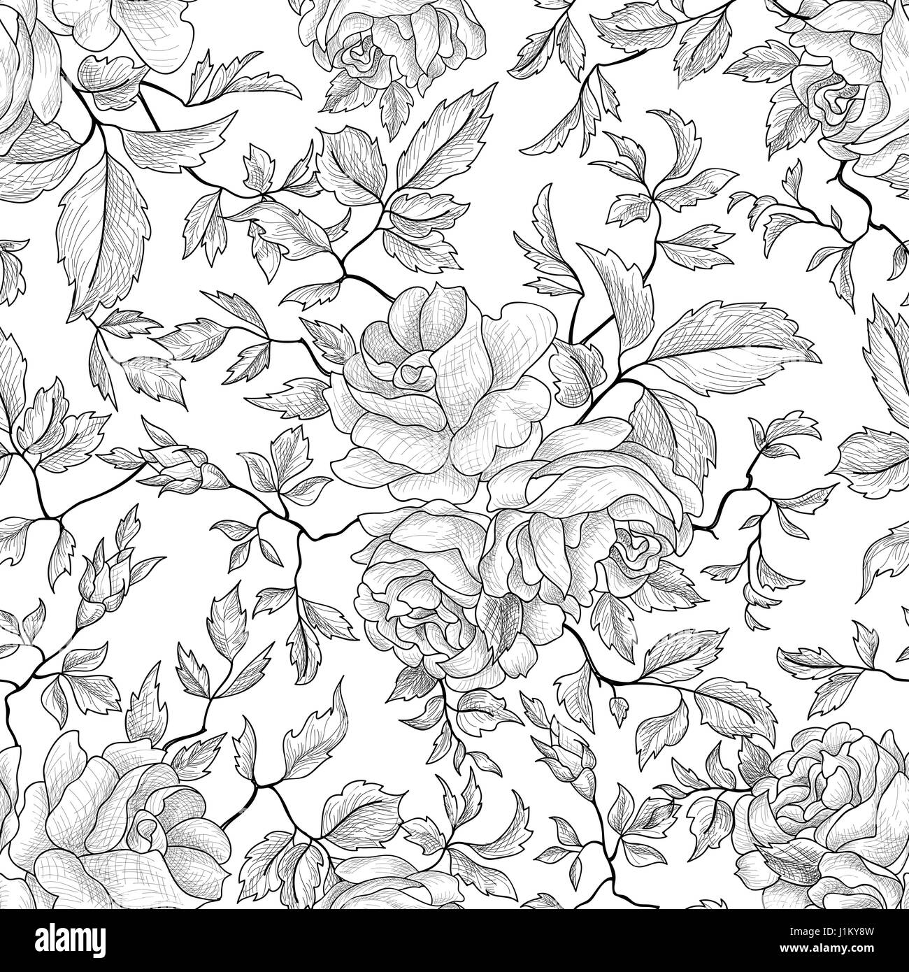Floral engraved seamless pattern. Flower garden background. Flourish ...