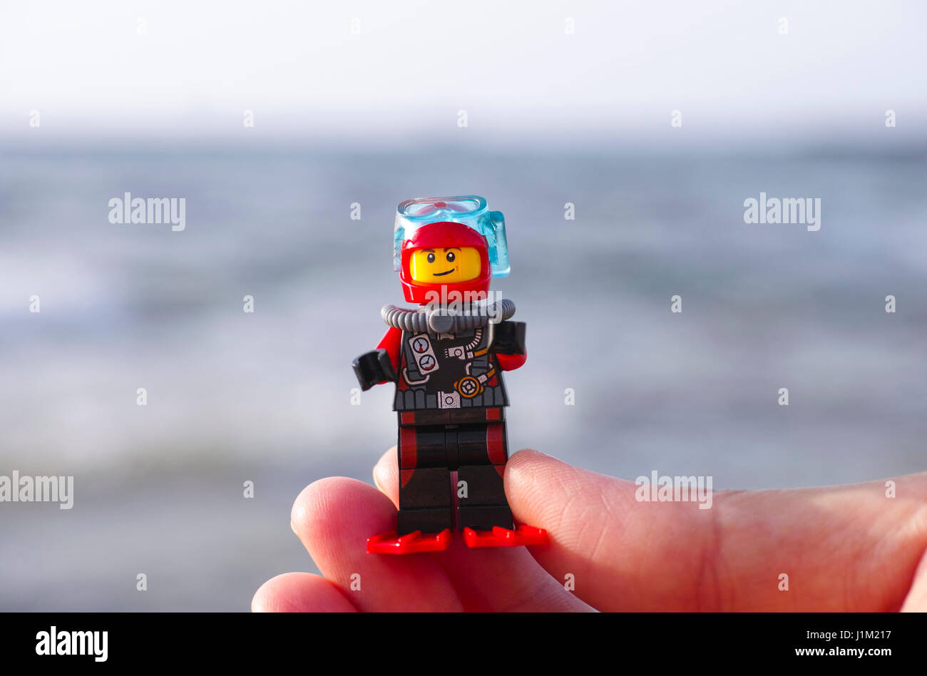 Paphos, Cyprus - October 08, 2016 Lego scuba diver minifigure in woman ...