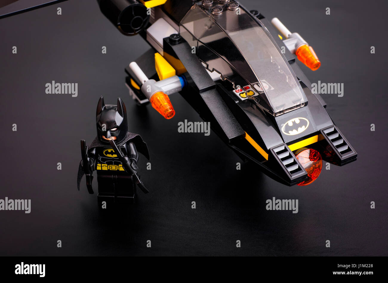 Tambov, Russian Federation - May 27, 2015 Lego Batman and his Batcopter ...