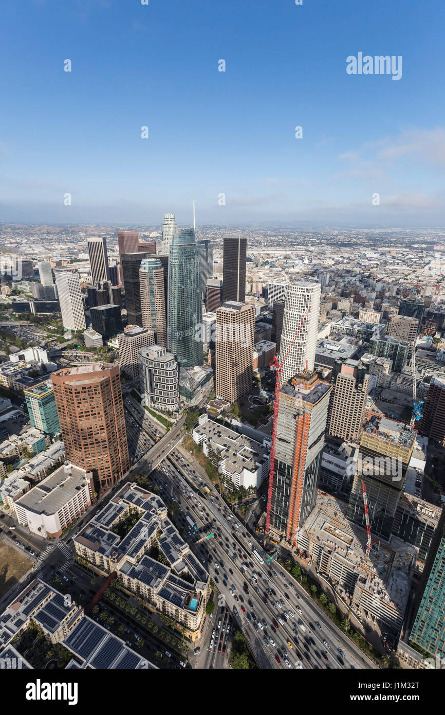 Aerial view of downtown Los Angeles towers and the Harbor 110 freeway ...