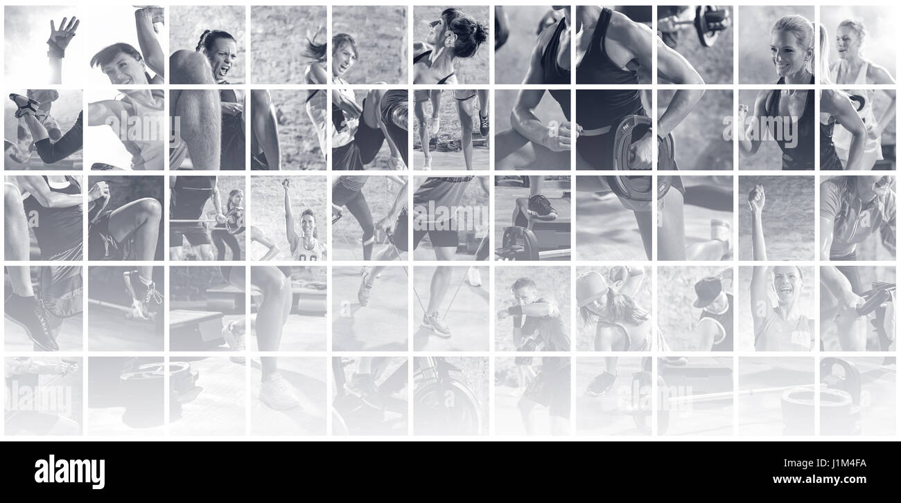 collage of sport photos with people as backgorund Stock Photo - Alamy