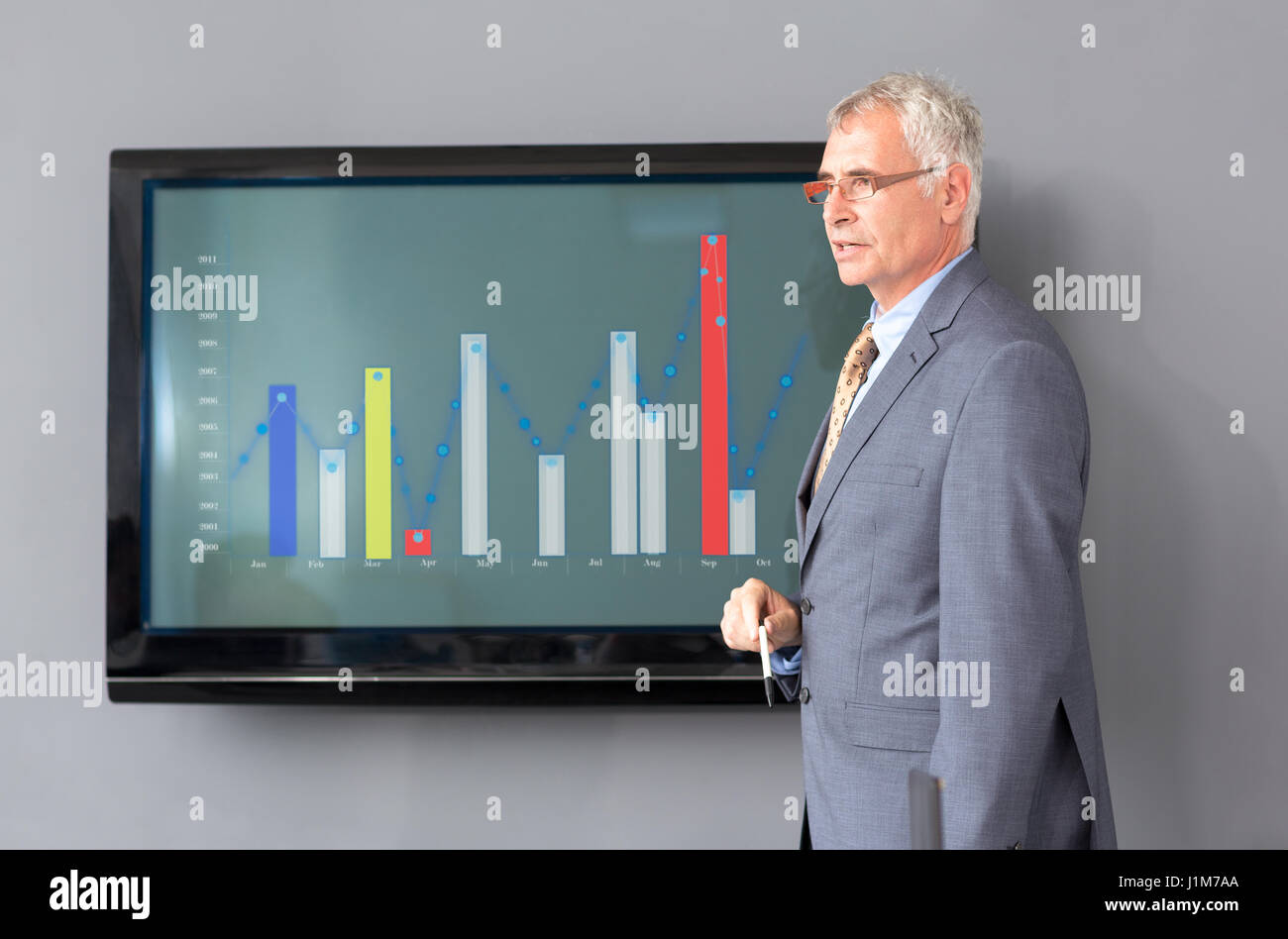 Senior director on meeting with statistics on chart Stock Photo - Alamy