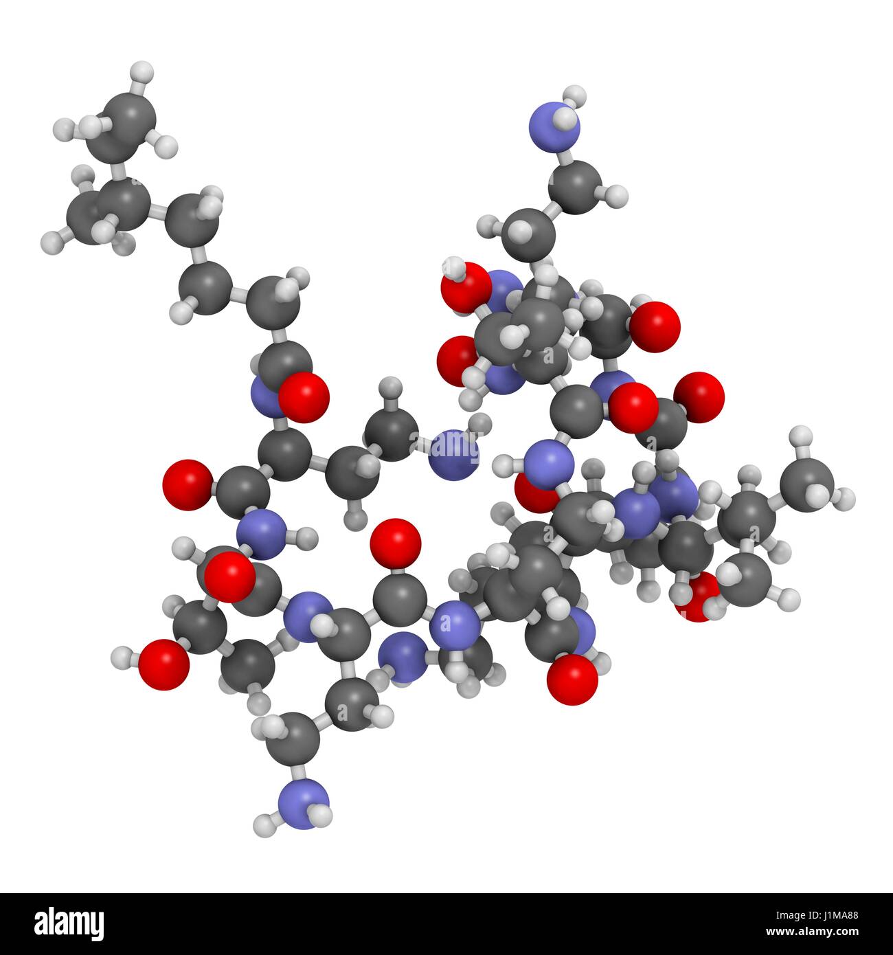 Colistin antibiotic drug molecule. 3D rendering. Atoms are represented ...
