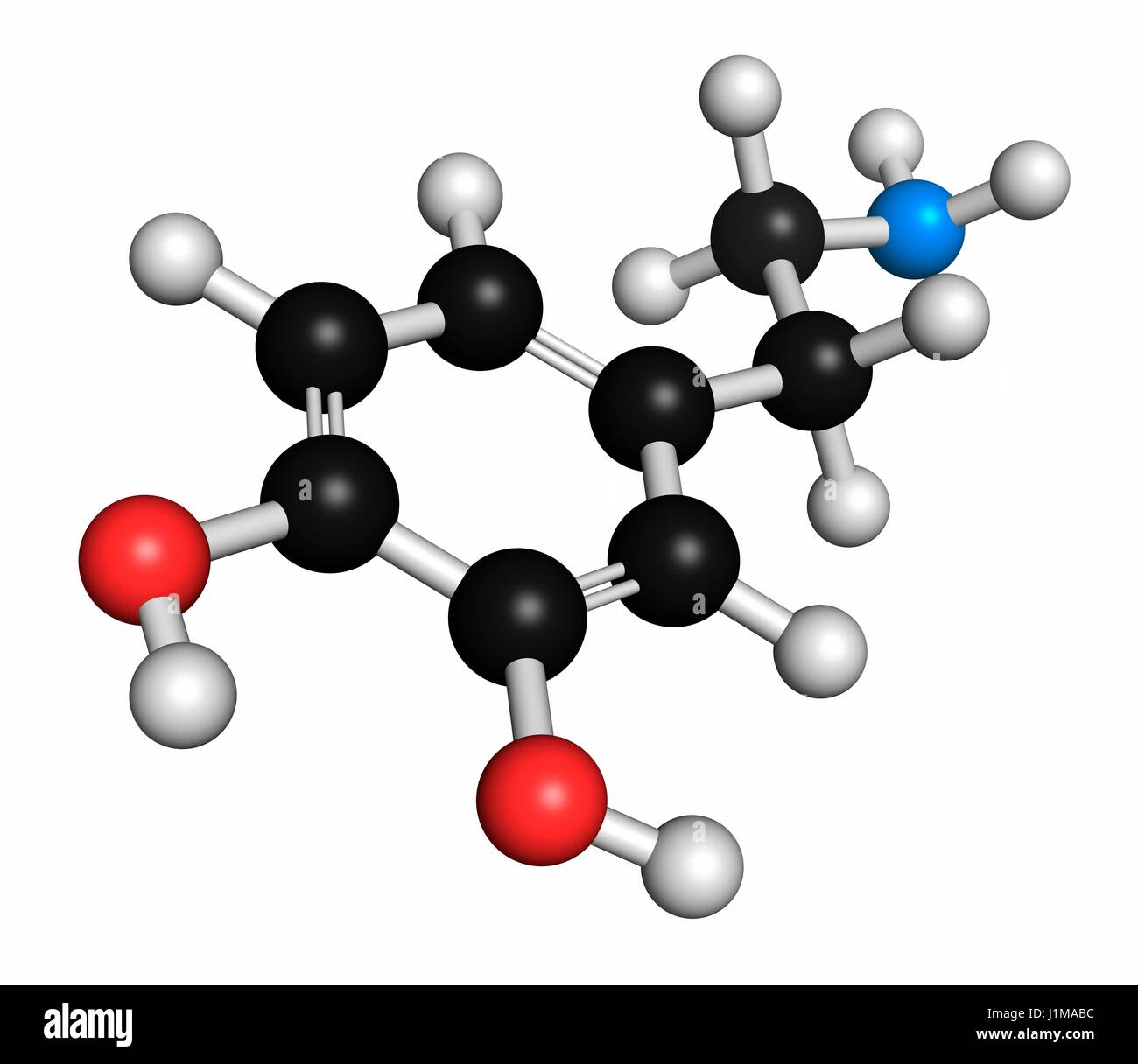 Dopamine neurotransmitter molecule. Also used as drug. Atoms are ...