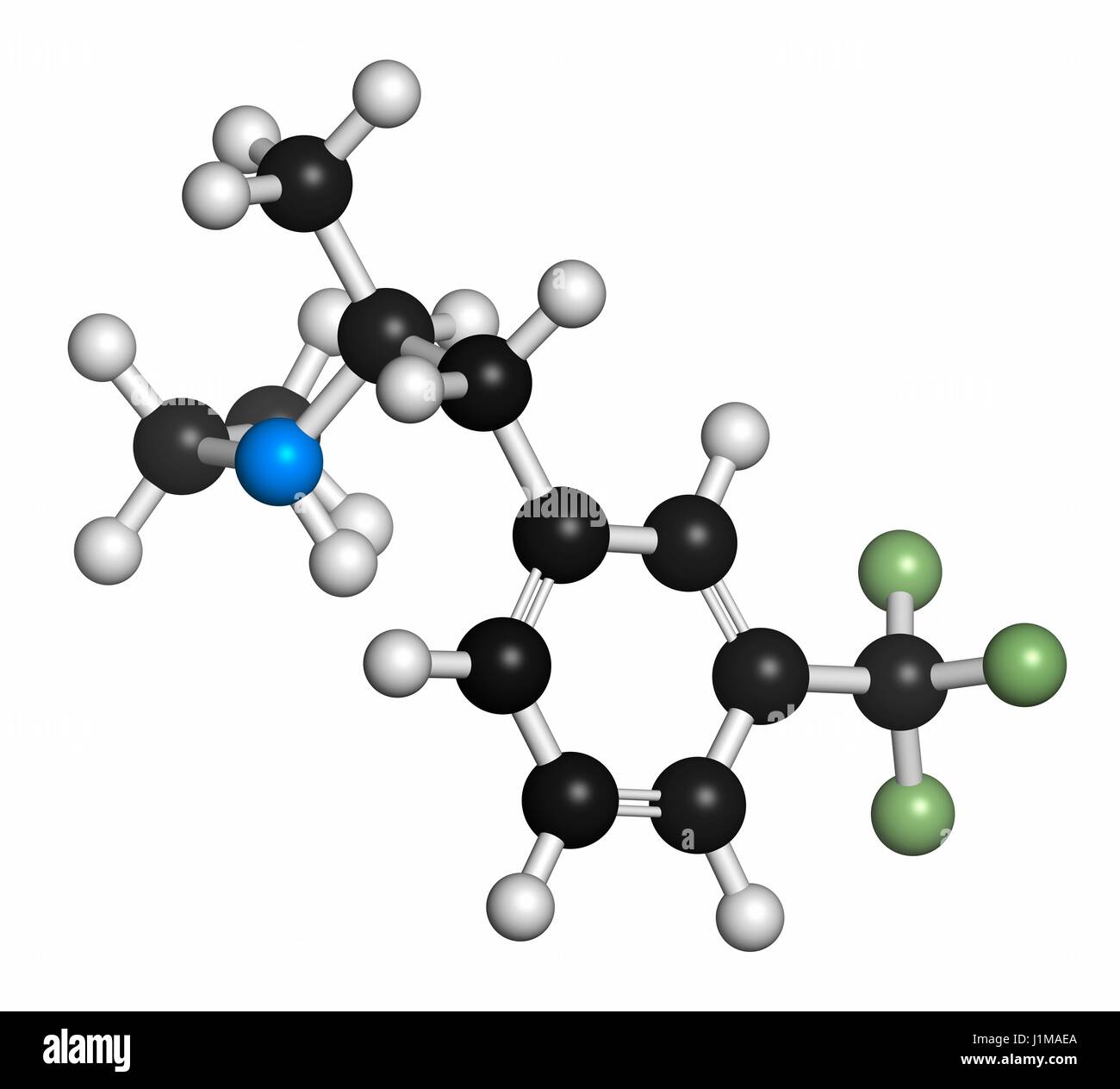 Fenfluramine weight loss drug molecule (withdrawn). Atoms are ...