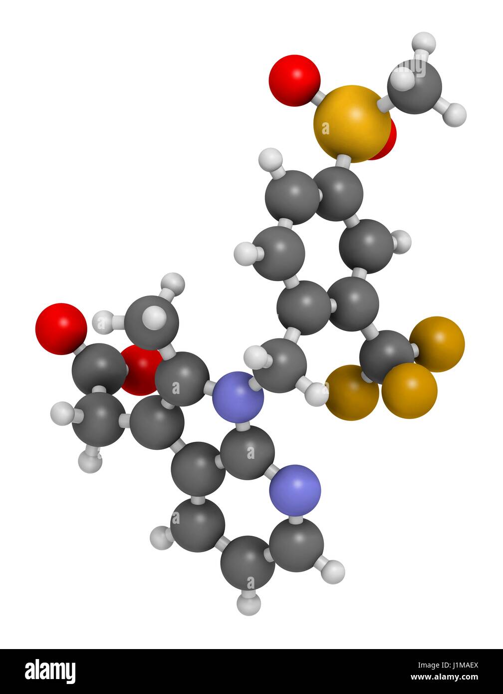 Fevipiprant asthma drug molecule. 3D rendering. Atoms are represented ...