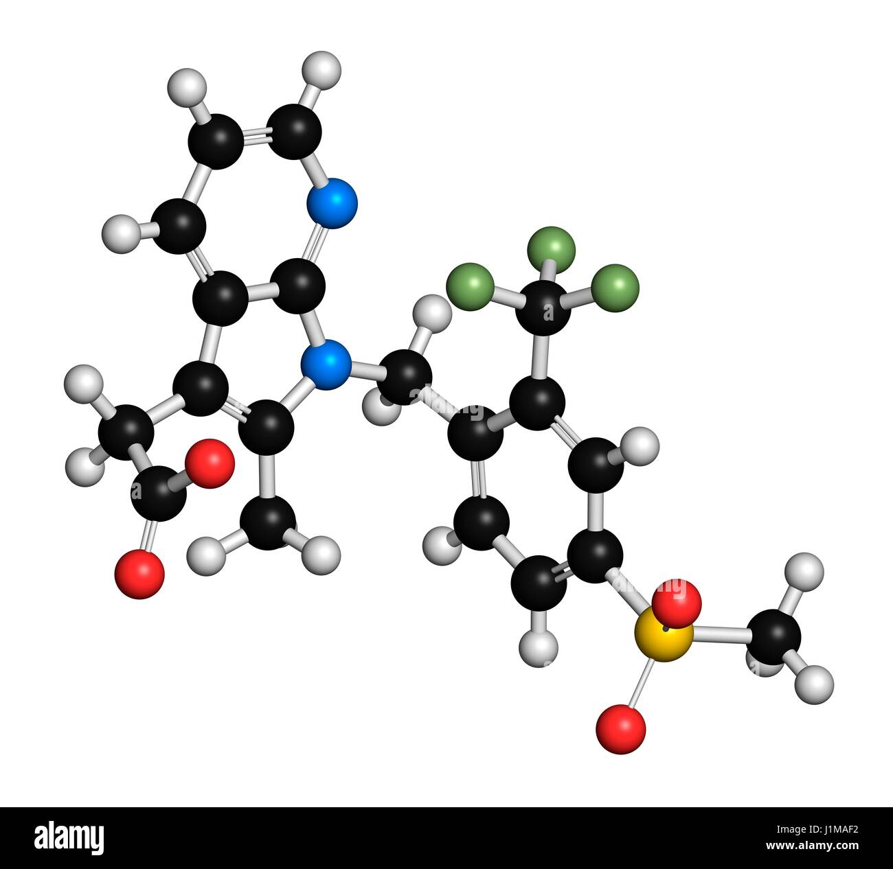 Fevipiprant asthma drug molecule. 3D rendering. Atoms are represented ...